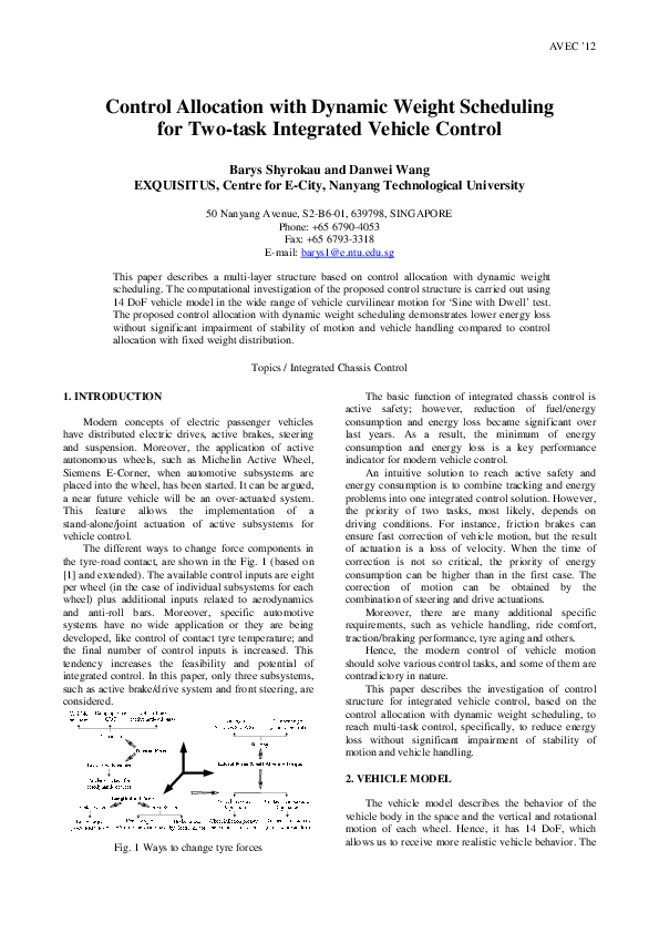 (PDF) Control Allocation with Dynamic Weight Scheduling for Two-task Integrated Vehicle Control