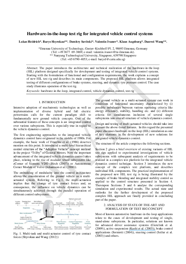 (PDF) Hardware-in-the-loop test rig for integrated vehicle control systems