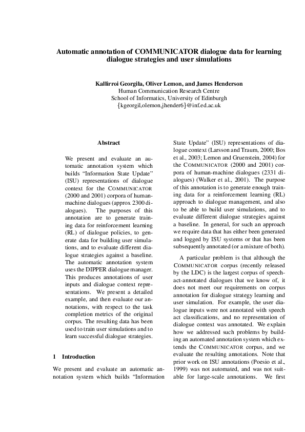 Pdf Automatic Annotation Of Communicator Dialogue Data For Learning Dialogue Strategies And