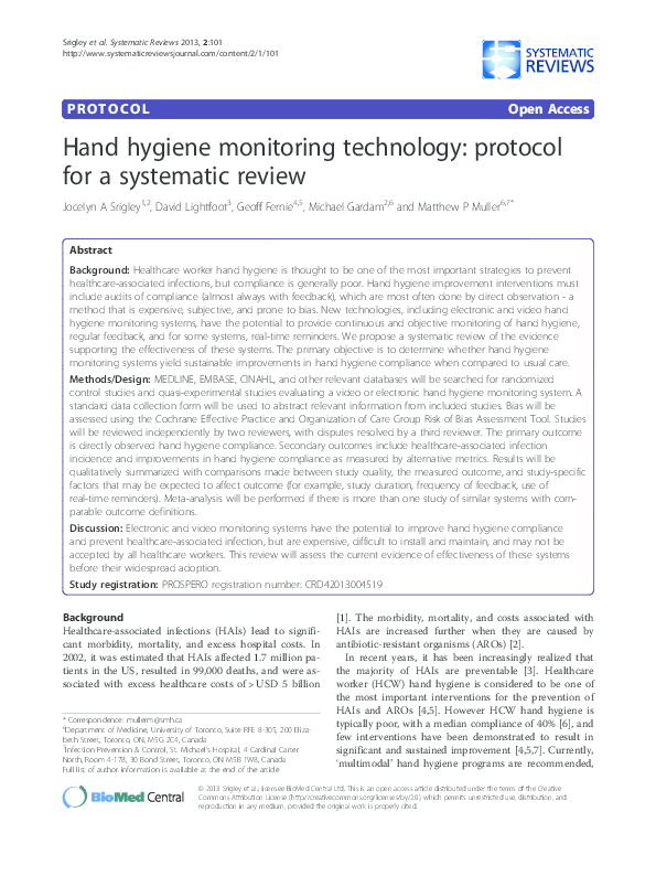(PDF) Hand hygiene monitoring technology: protocol for a systematic review