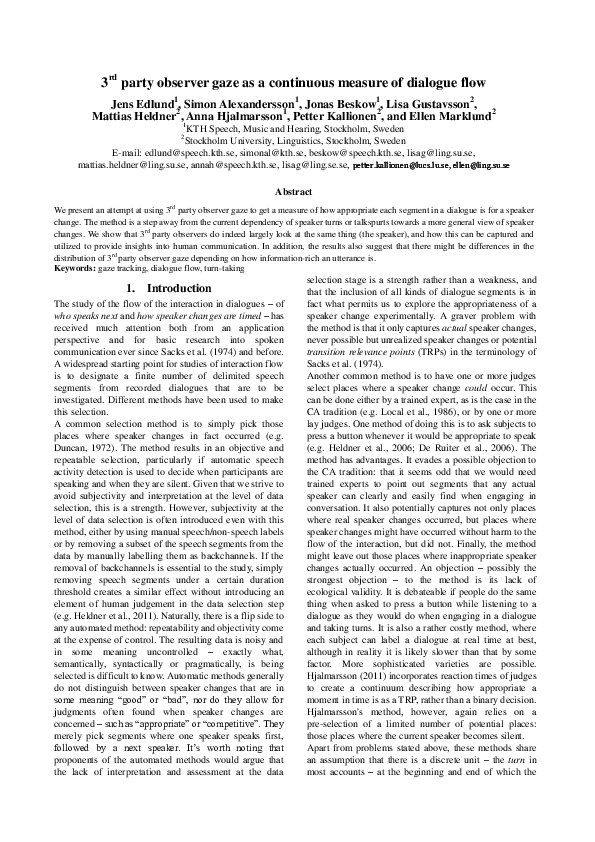 (PDF) 3rd party observer gaze as a continuous measure of dialogue flow