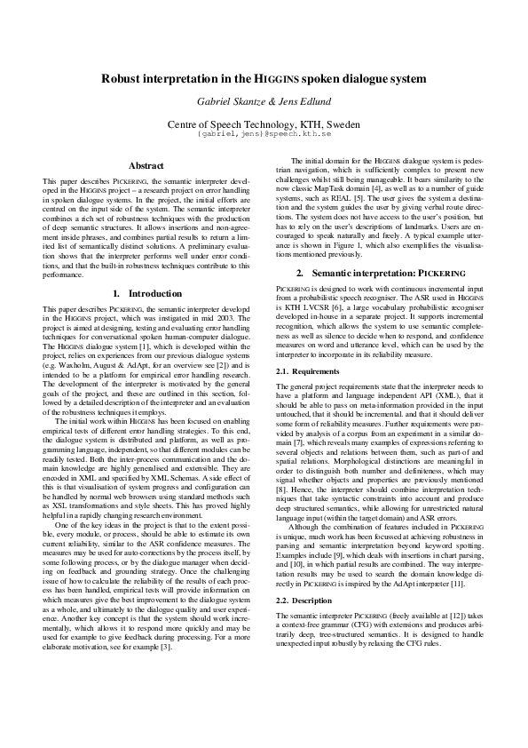 (PDF) Robust interpretation in the Higgins spoken dialogue system