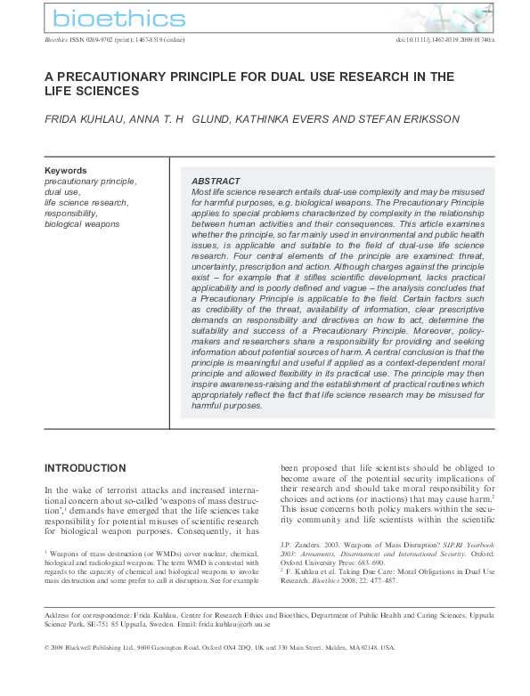 (PDF) A PRECAUTIONARY PRINCIPLE FOR DUAL USE RESEARCH IN THE LIFE SCIENCES