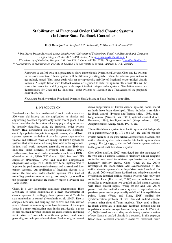 (PDF) Stabilization of Fractional Order Unified Chaotic Systems via Linear State Feedback ...