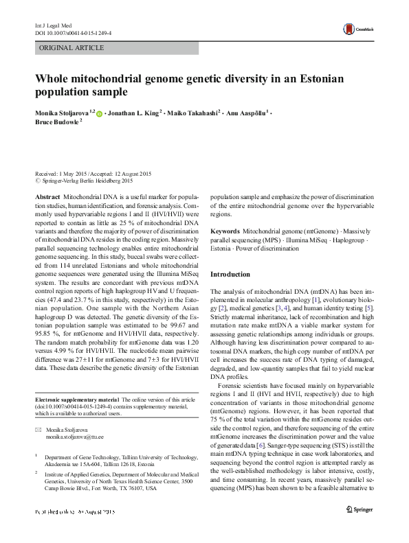 (PDF) Whole mitochondrial genome genetic diversity in an Estonian ...