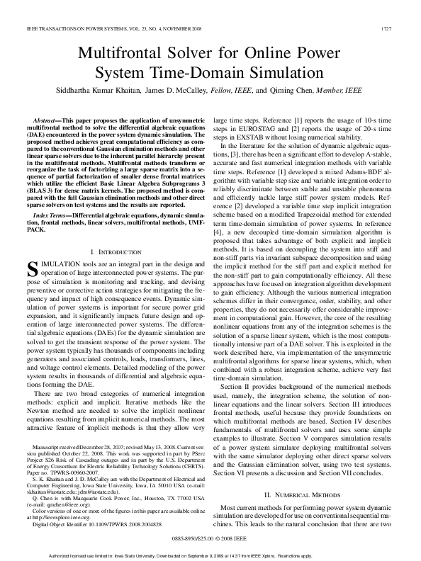 (PDF) Multifrontal Solver for Online Power System Time Domain Simulation