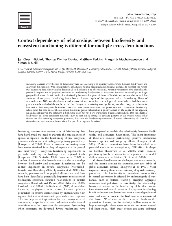 Pdf Context Dependency Of Relationships Between Biodiversity And Ecosystem Functioning Is