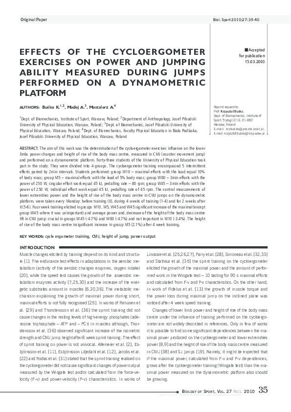 (PDF) Effects of the cycloergometer exercises on power and jumping ...