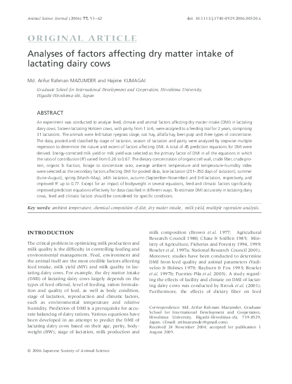 (PDF) Analyses of factors affecting dry matter intake of lactating ...