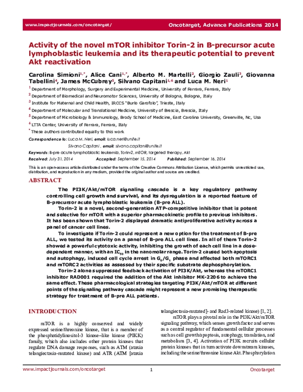 (PDF) Activity of the novel mTOR inhibitor Torin-2 in B-precursor acute ...