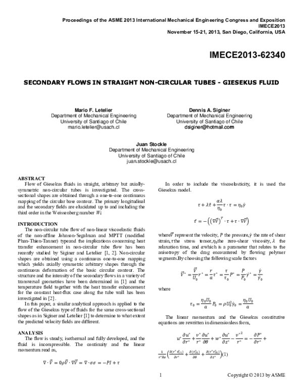 (PDF) Secondary Flows in Straight Non-Circular Tubes: Giesekus Fluid