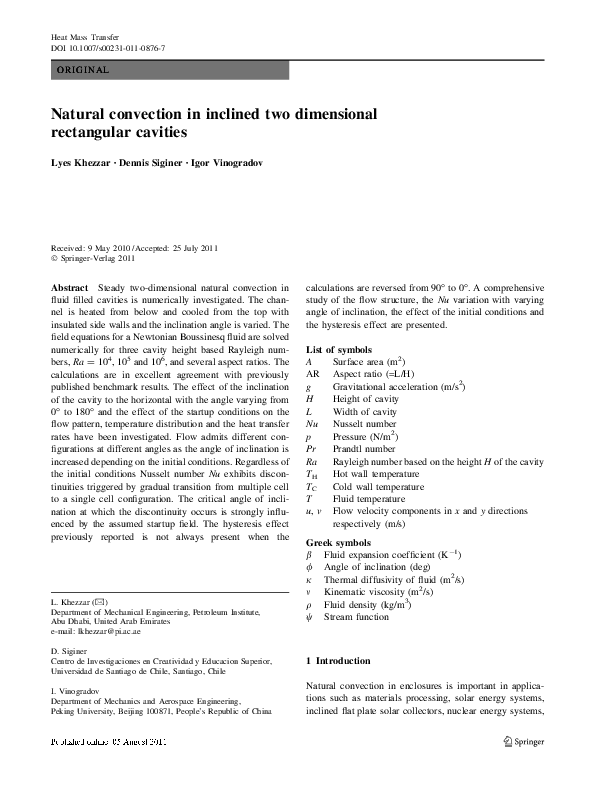 Pdf Natural Convection In Inclined Two Dimensional Rectangular Cavities