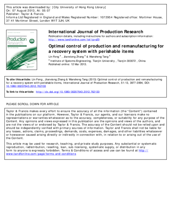 (PDF) Optimal control of production and remanufacturing in a simple ...