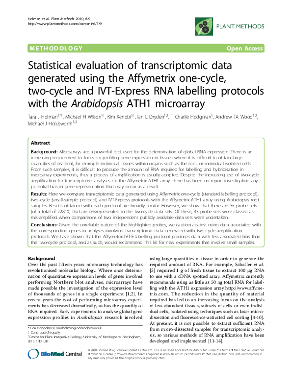 (PDF) Statistical evaluation of transcriptomic data generated using the Affymetrix one-cycle ...