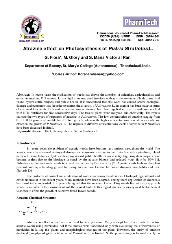 (PDF) Atrazine effect on Photosynthesis of Pistria Stratiotes,L