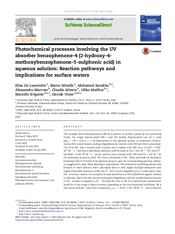 (PDF) Photochemical processes involving the UV absorber benzophenone-4 ...