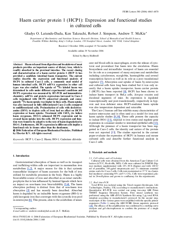 (PDF) Haem carrier protein 1 (HCP1): Expression and functional studies ...