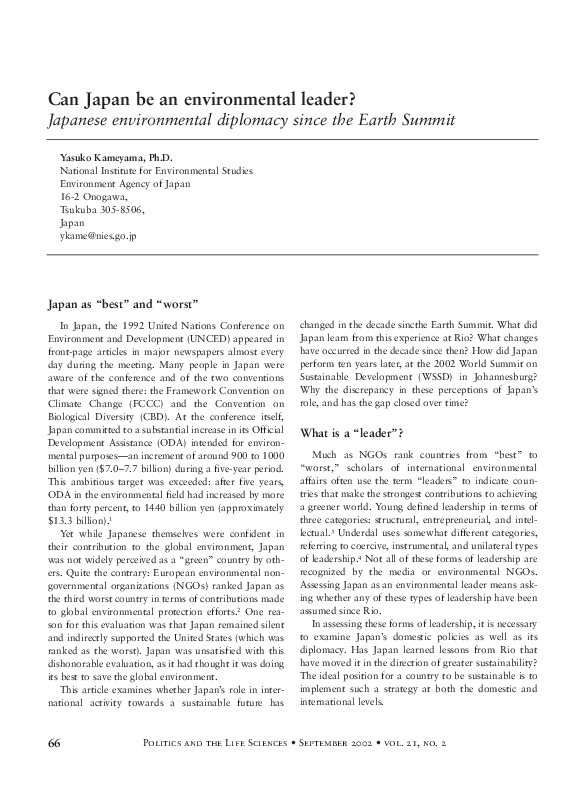 (PDF) Can Japan be an environmental leader? Japanese environmental ...