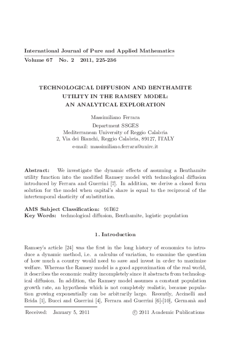 (PDF) Technological Diffusion and Benthamite Utility in the Ramsey ...
