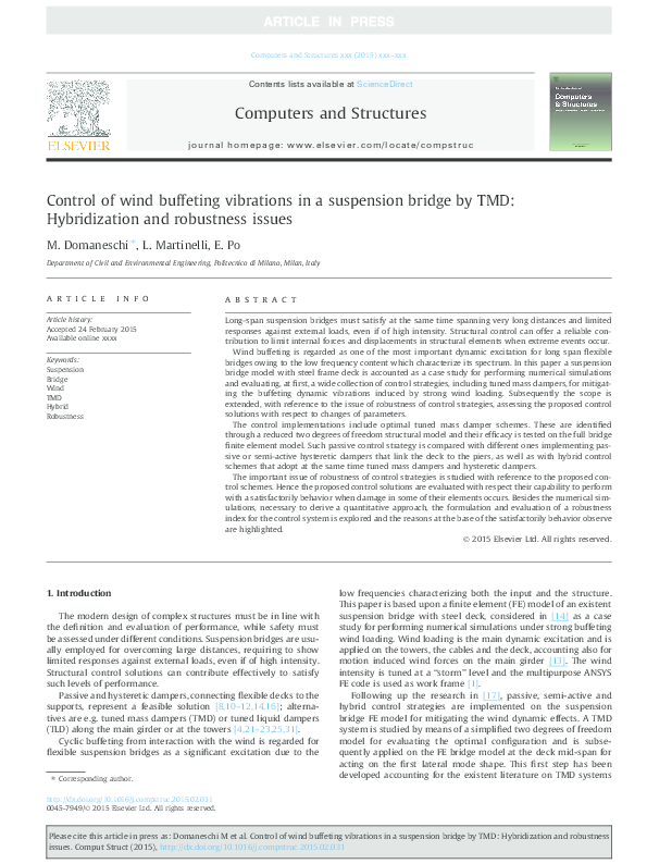 (PDF) Control of wind buffeting vibrations in a suspension bridge by ...