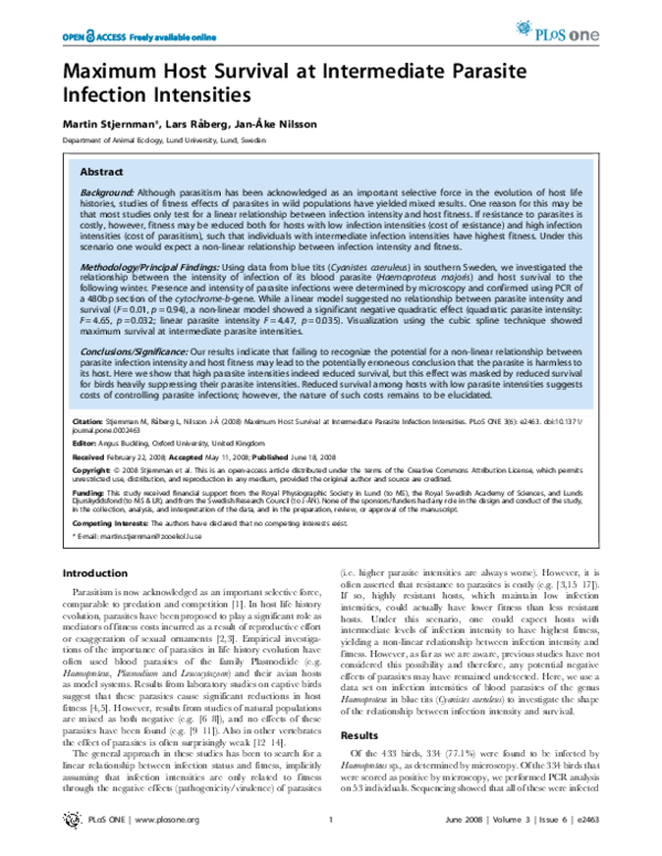 (PDF) Maximum Host Survival at Intermediate Parasite Infection Intensities