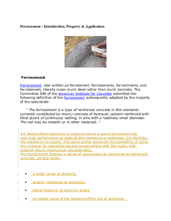 (DOC) Ferrocement : Introduction, Property & Application