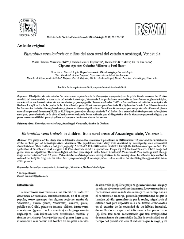 (PDF) Enterobius vermicularis en niños del área rural del estado ...