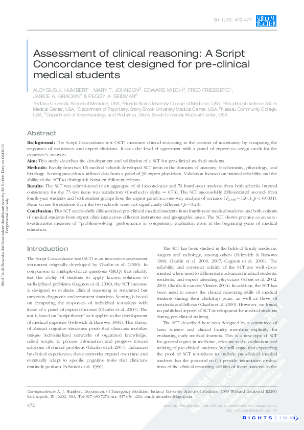 Pdf Assessment Of Clinical Reasoning A Script Concordance Test Designed For Pre Clinical