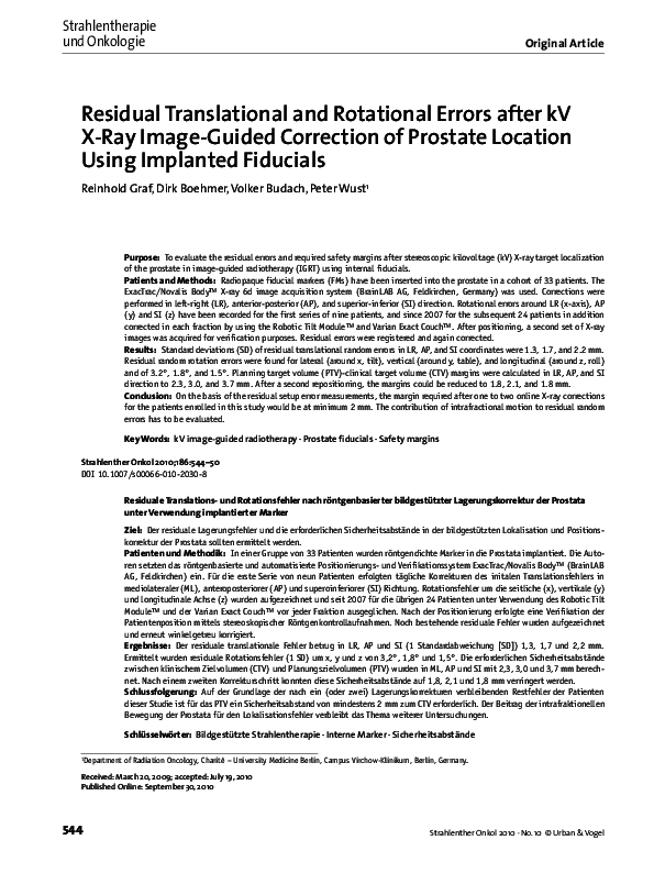 Pdf Residual Translational And Rotational Errors After Kv X Ray Image Guided Correction Of