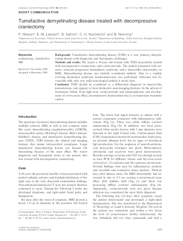 (PDF) Tumefactive demyelinating disease treated with decompressive craniectomy