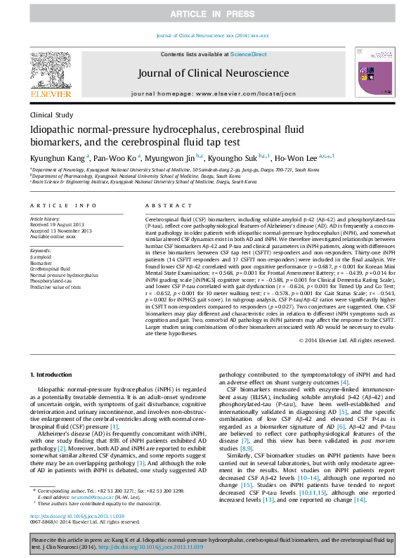 (PDF) Idiopathic normal-pressure hydrocephalus, cerebrospinal fluid ...