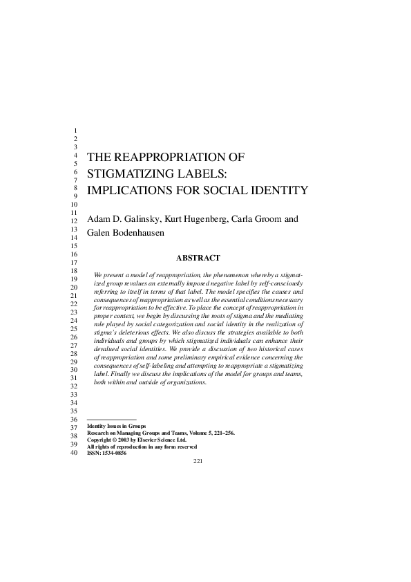 (PDF) The Reappropriation of Stigmatizing Labels: Implications for ...