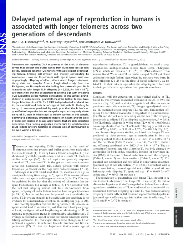 (PDF) Paternal age is positively linked to telomere length of children ...