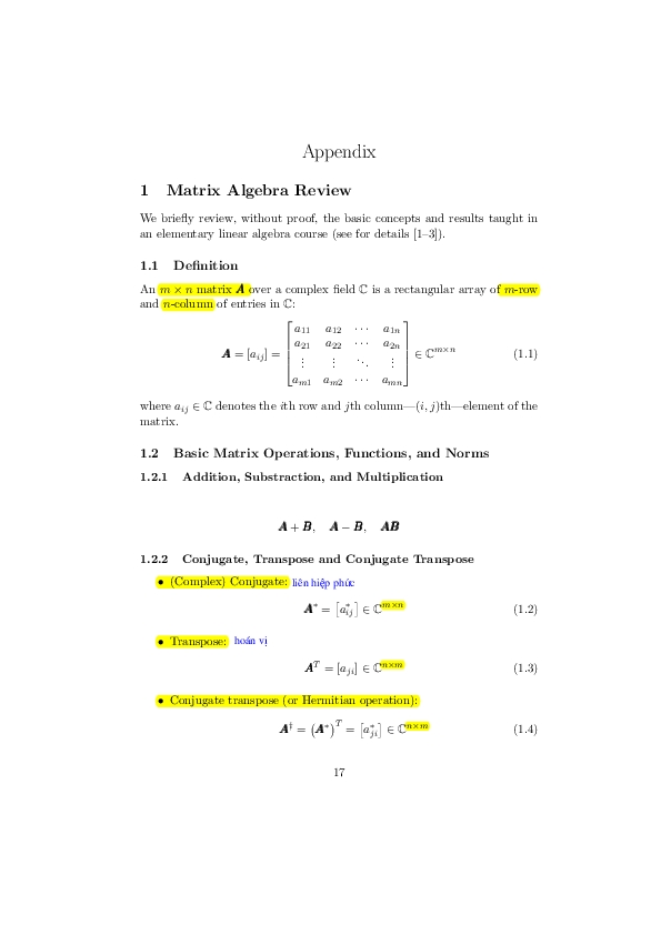 (PDF) Appendix 1 Matrix Algebra Review