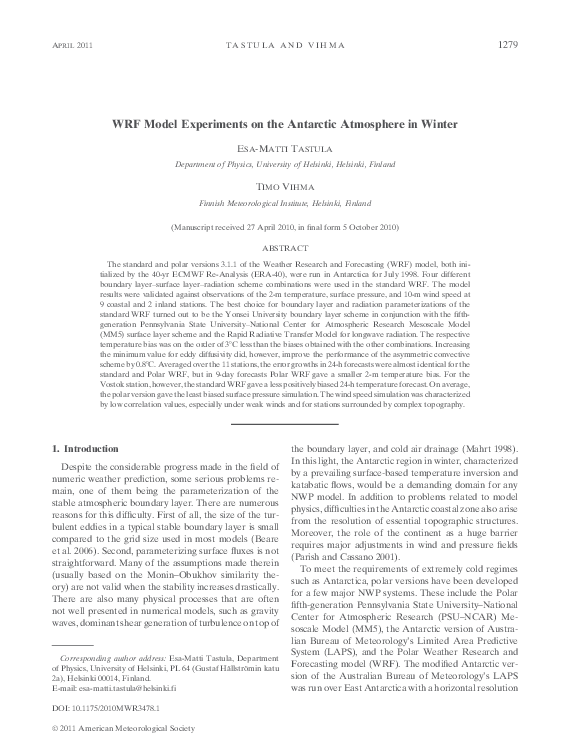 (PDF) WRF model experiments on the Antarctic atmosphere in winter