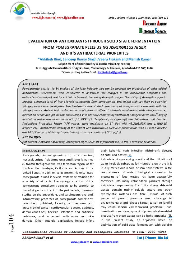 (PDF) EVALUATION OF ANTIOXIDANTS THROUGH SOLID STATE FERMENTATION FROM POMEGRANATE PEELS USING ...