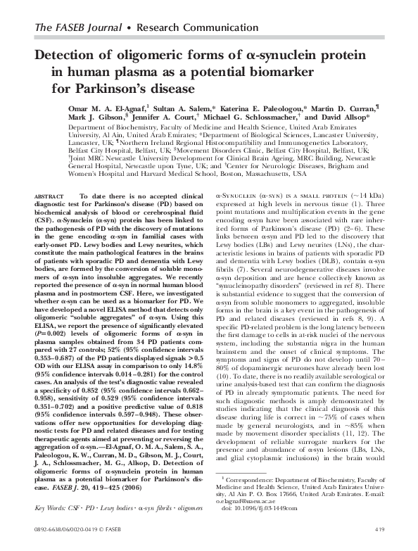 (PDF) Detection of oligomeric forms of α-synuclein protein in human plasma as a potential ...