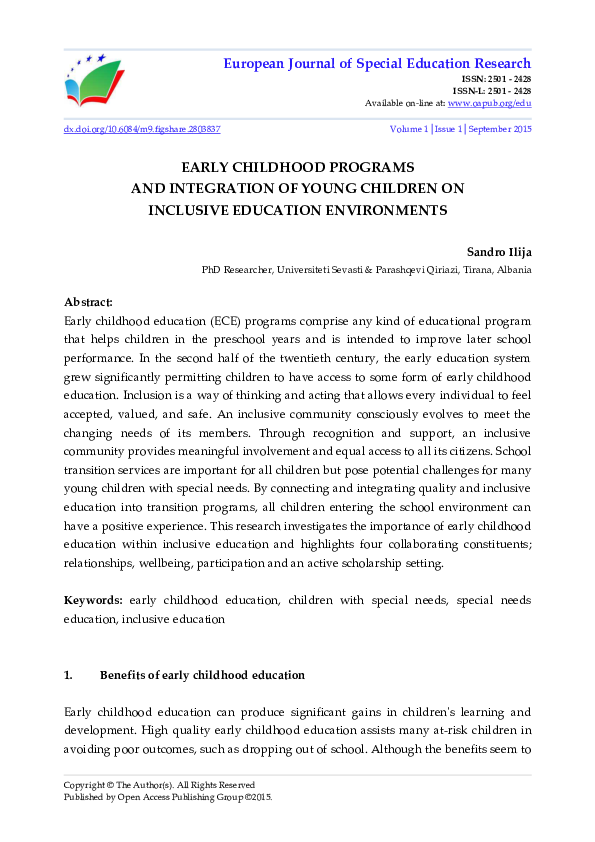 (PDF) EARLY CHILDHOOD PROGRAMS AND INTEGRATION OF YOUNG CHILDREN ON ...