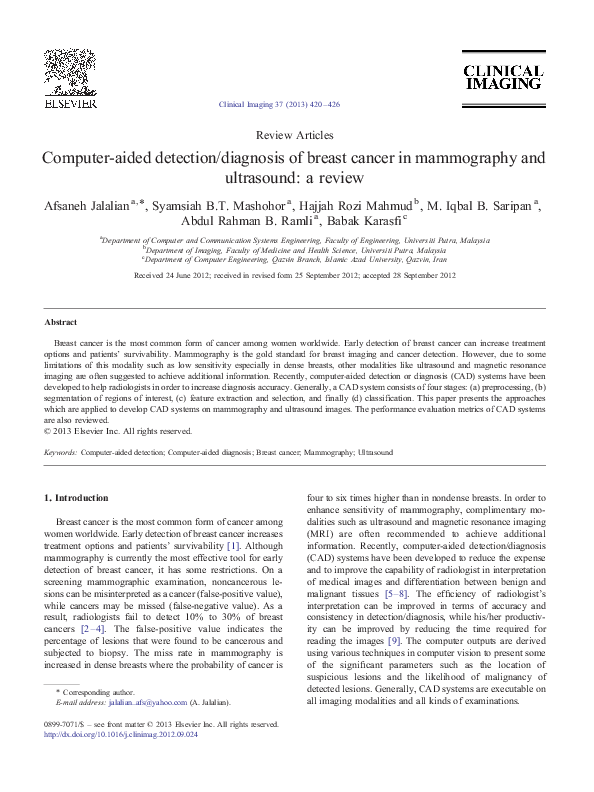 (PDF) Computer-aided detection/diagnosis of breast cancer in mammography and ultrasound: a review