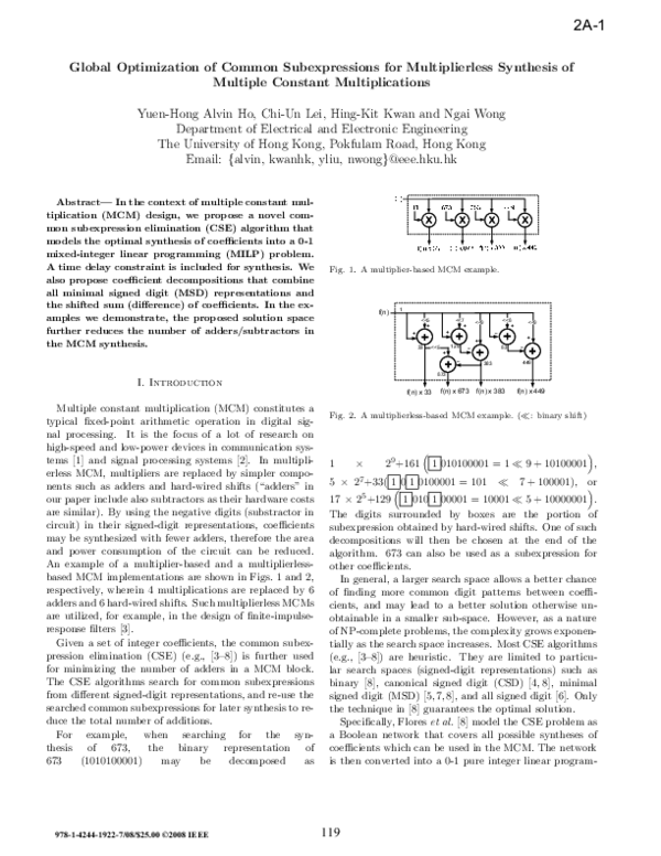 (PDF) Global optimization of common subexpressions for multiplierless synthesis of multiple ...