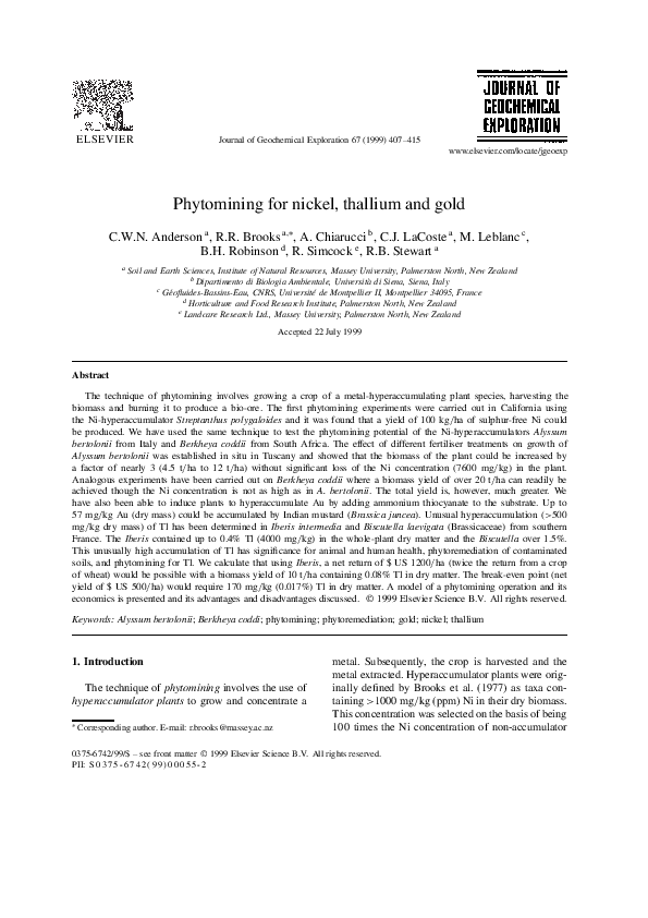 (PDF) Phytomining for nickel, thallium and gold