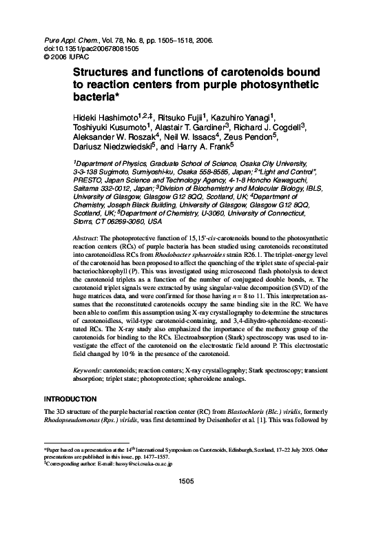 (PDF) Structures and functions of carotenoids bound to reaction centers ...