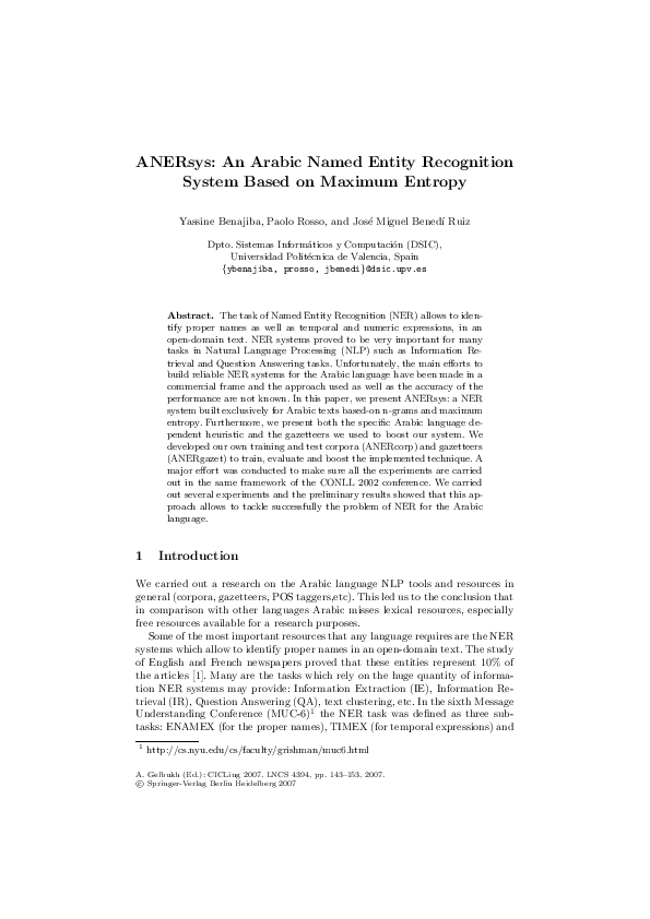 (PDF) ANERsys: An Arabic Named Entity Recognition System Based on Maximum Entropy