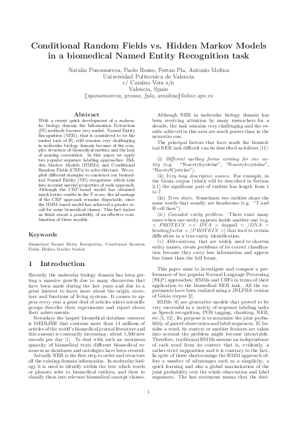 Pdf Conditional Random Fields Vs Hidden Markov Models In A Biomedical Named Entity