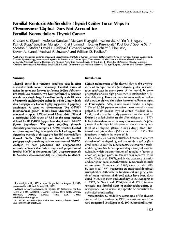 (PDF) Familial Nontoxic Multinodular Thyroid Goiter Locus Maps to ...