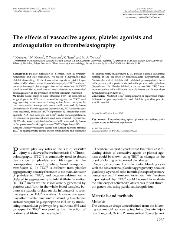 (PDF) The effects of vasoactive agents, platelet agonists and anticoagulation on thrombelastography