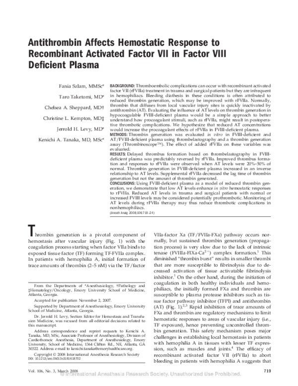 (PDF) Antithrombin Affects Hemostatic Response to Recombinant Activated ...