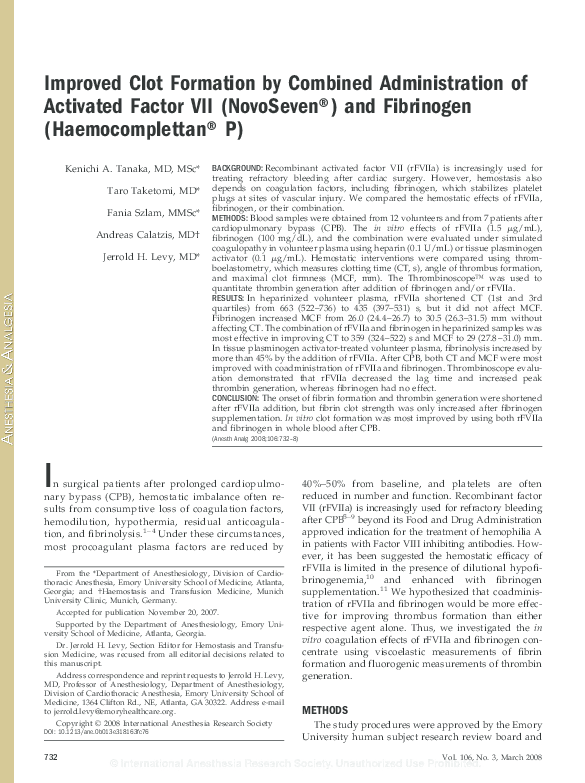 (PDF) Improved Clot Formation by Combined Administration of Activated ...