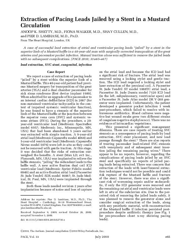 (PDF) Extraction of Pacing Leads Jailed by a Stent in a Mustard Circulation