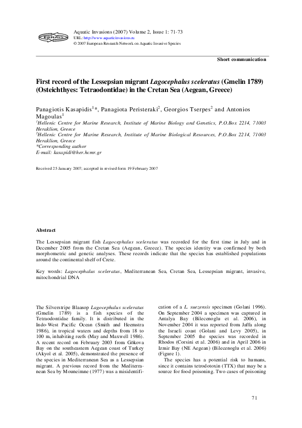 (PDF) First record of the lessepsian migrant Lagocephalus sceleratus ...